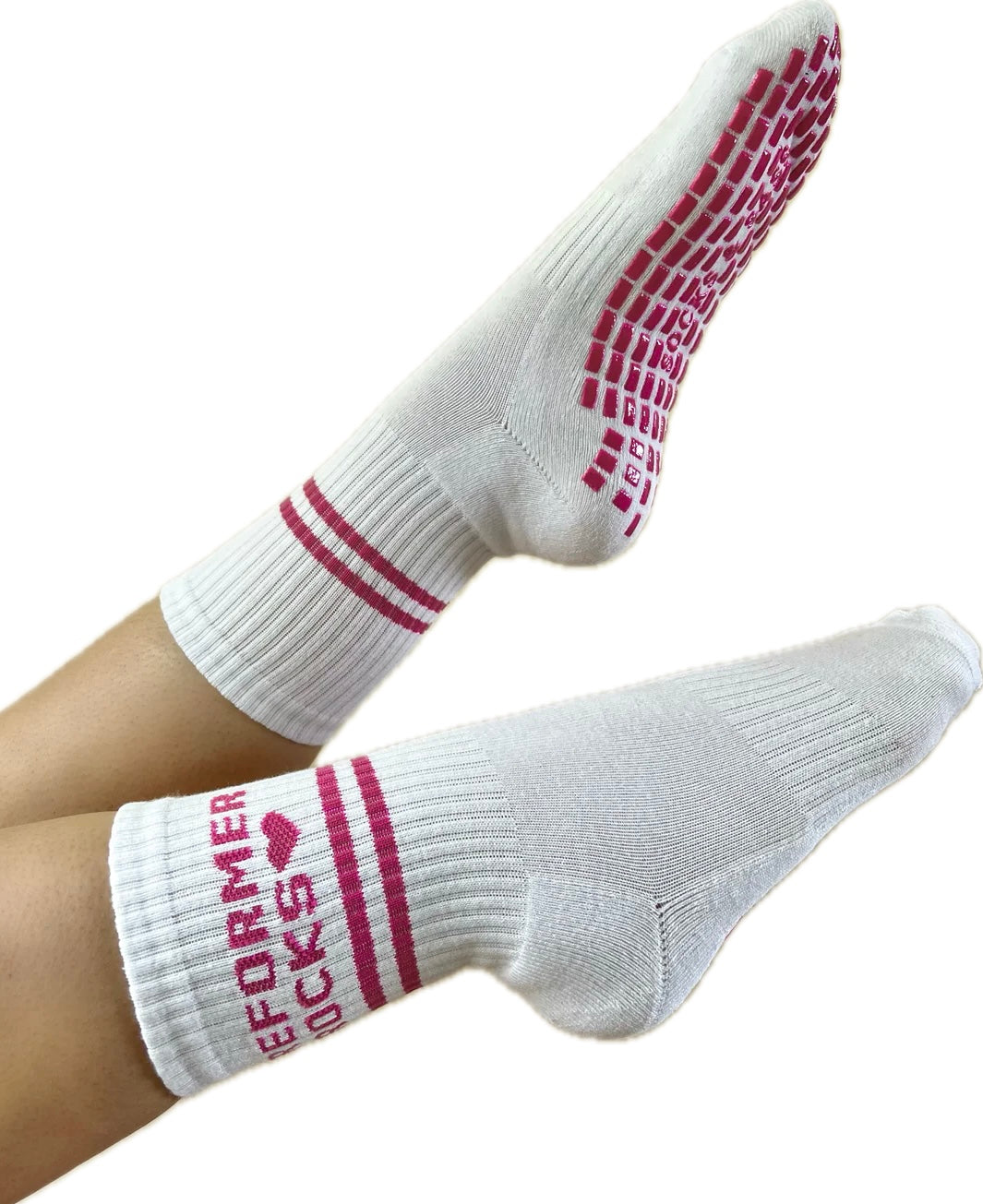 "REFORMER ROCKS" WHITE / PINK GRIP SOCKS – SOCKS & SASS